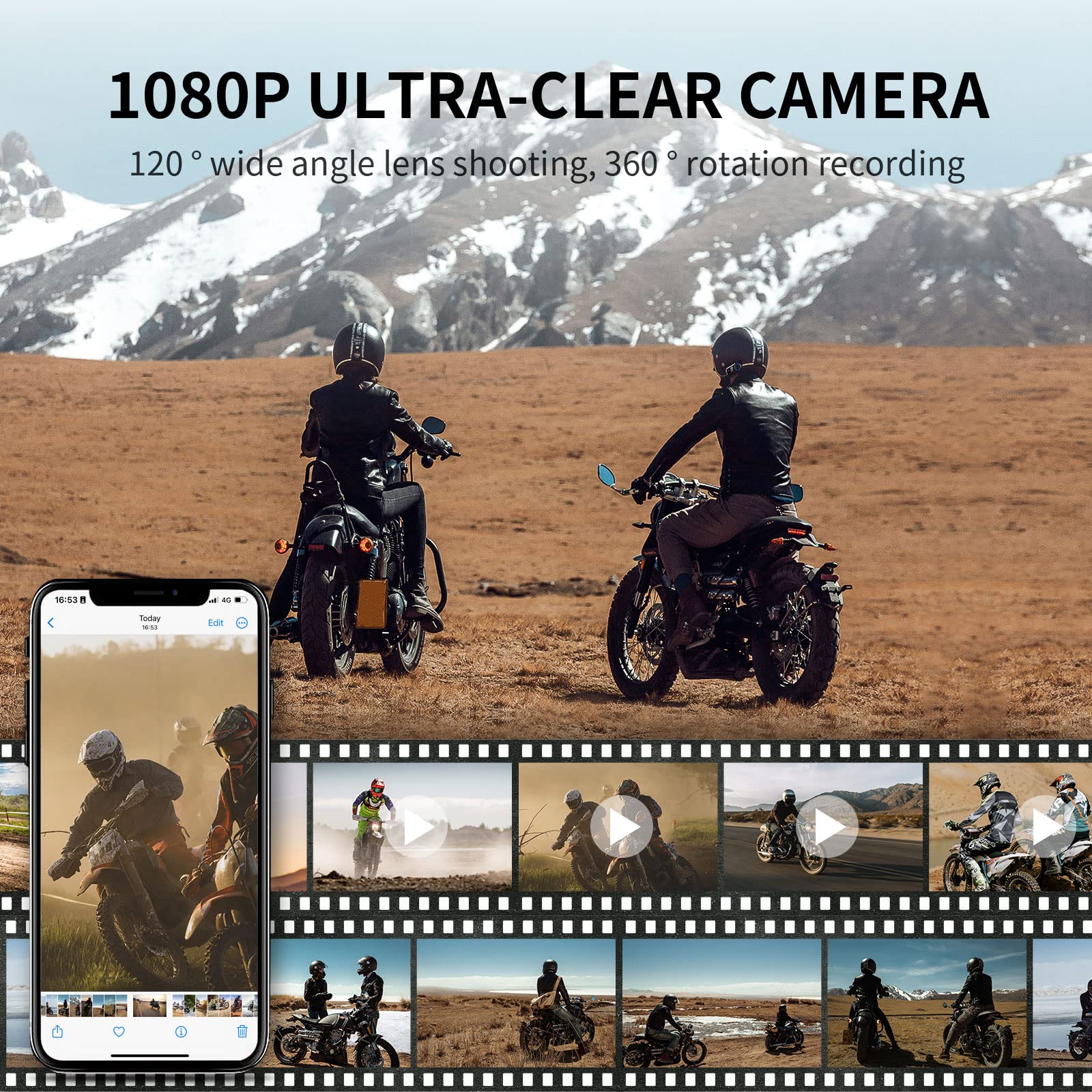 Fodsports Motorcycle Bluetooth Headset with Camera, FX30C PRO 2 Riders 1000M Helmet Communication System, 360° Shooting Motorcycle Helmet Camera, Music Share/EQ Sound/2000mAh/64G TF Card