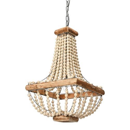 Creative Co-Op Wood & Metal Framed Chandelier with Wood Bead Draping
