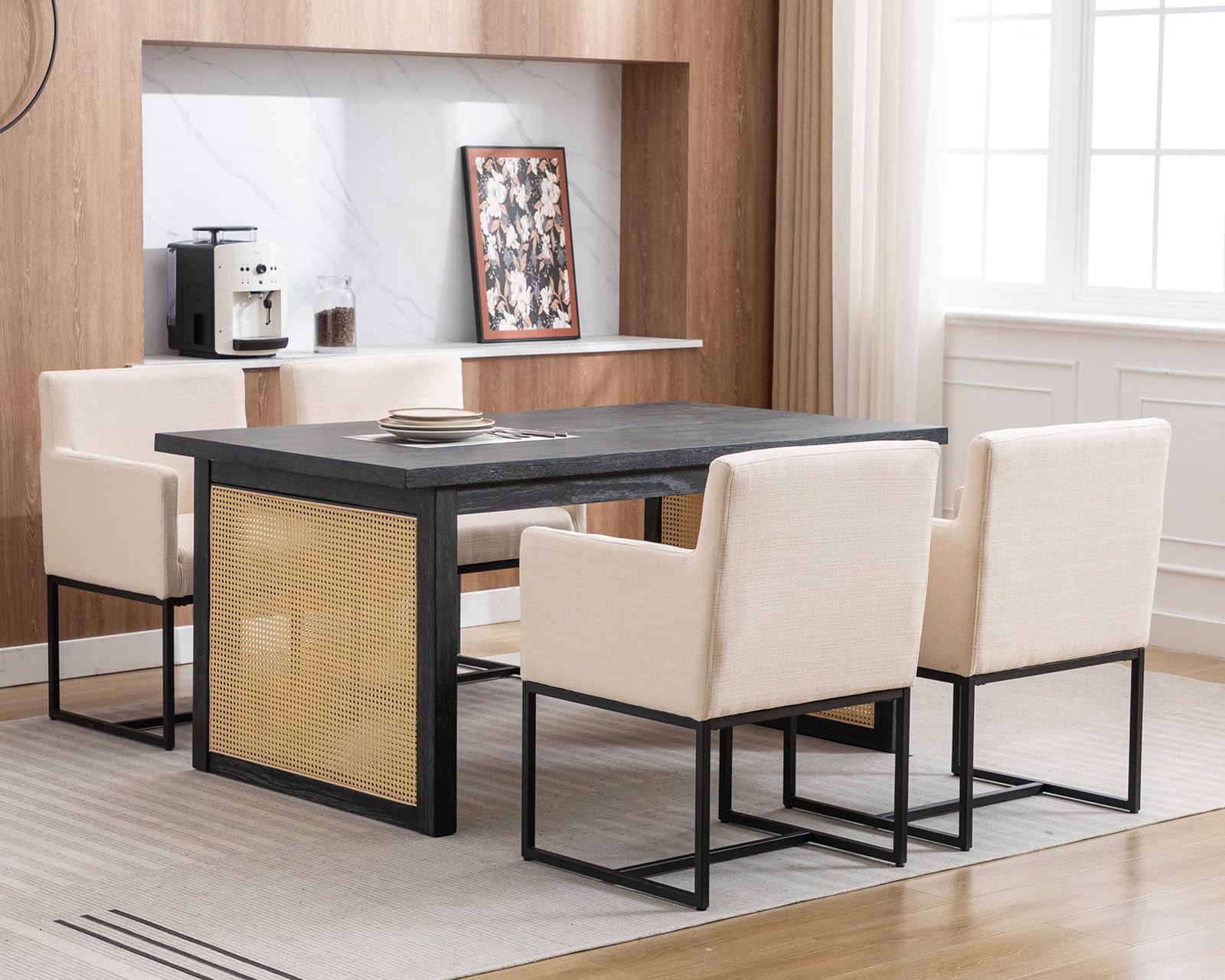 HNY Mid Century Modern Upholstered Dining Chairs with Arms Set of 2, Linen Accent Black Finish Metal Frame, 19'' Wide Arm for Living Room Kitchen Bedroom, Cream, Cream-linen-black Frame