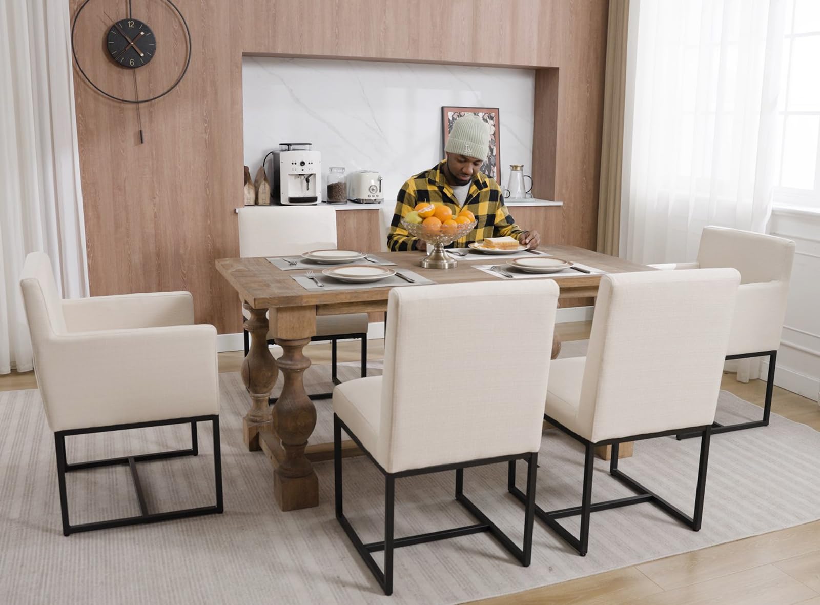 HNY Mid Century Modern Upholstered Dining Chairs with Arms Set of 2, Linen Accent Black Finish Metal Frame, 19'' Wide Arm for Living Room Kitchen Bedroom, Cream, Cream-linen-black Frame