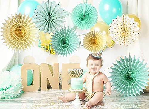 Mint Gold Birthday Decorations Mint Cream Gold Polka Dot Paper Fans for Trial Baby Shower Decorations Mint Gold Wedding/Mint First Birthday Decorations Mint Gold Bridal Shower Decorations
