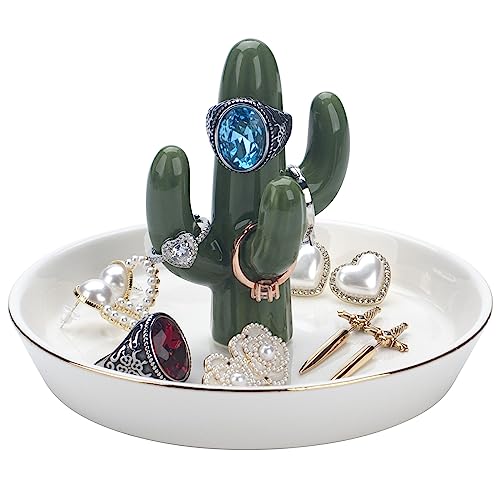ERDOGLY Cactus Ring Holder for Jewelry, Trinket Dish Ceramic Jewelry Tray for Earrings, Bracelets, Necklace Organizer Display, Rings Dish Cactus Gift for Women Girls Room Decor Aesthetic