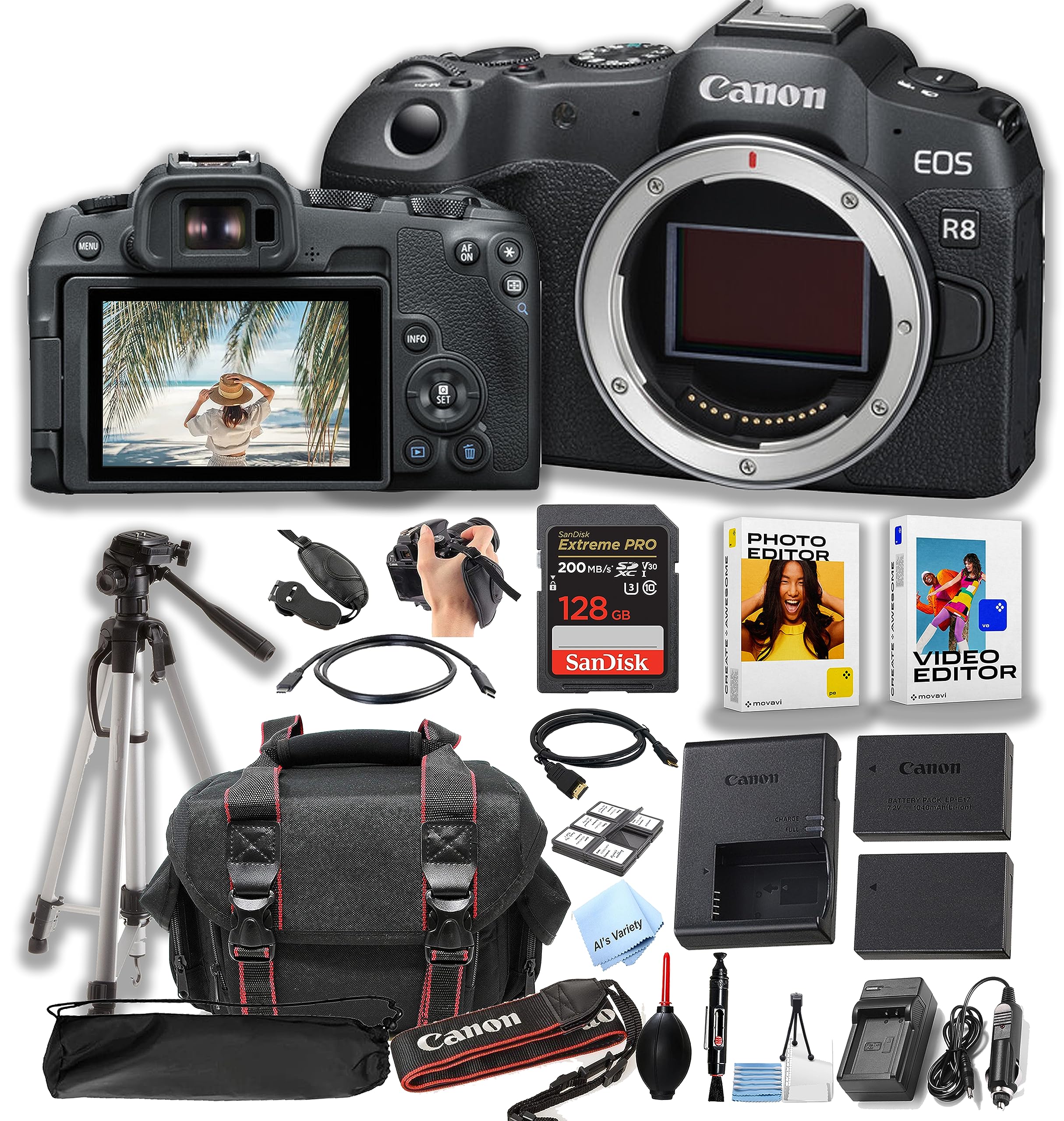 Canon EOS R8 Mirrorless Camera Body + 128GB Pro Speed Memory + Case + Tripod + Software Pack -Proffesional Bundle (Renewed)