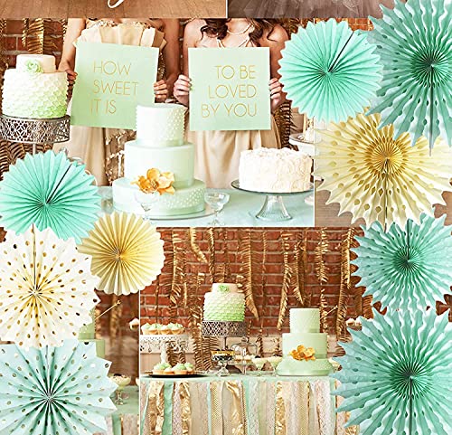 Mint Gold Birthday Decorations Mint Cream Gold Polka Dot Paper Fans for Trial Baby Shower Decorations Mint Gold Wedding/Mint First Birthday Decorations Mint Gold Bridal Shower Decorations