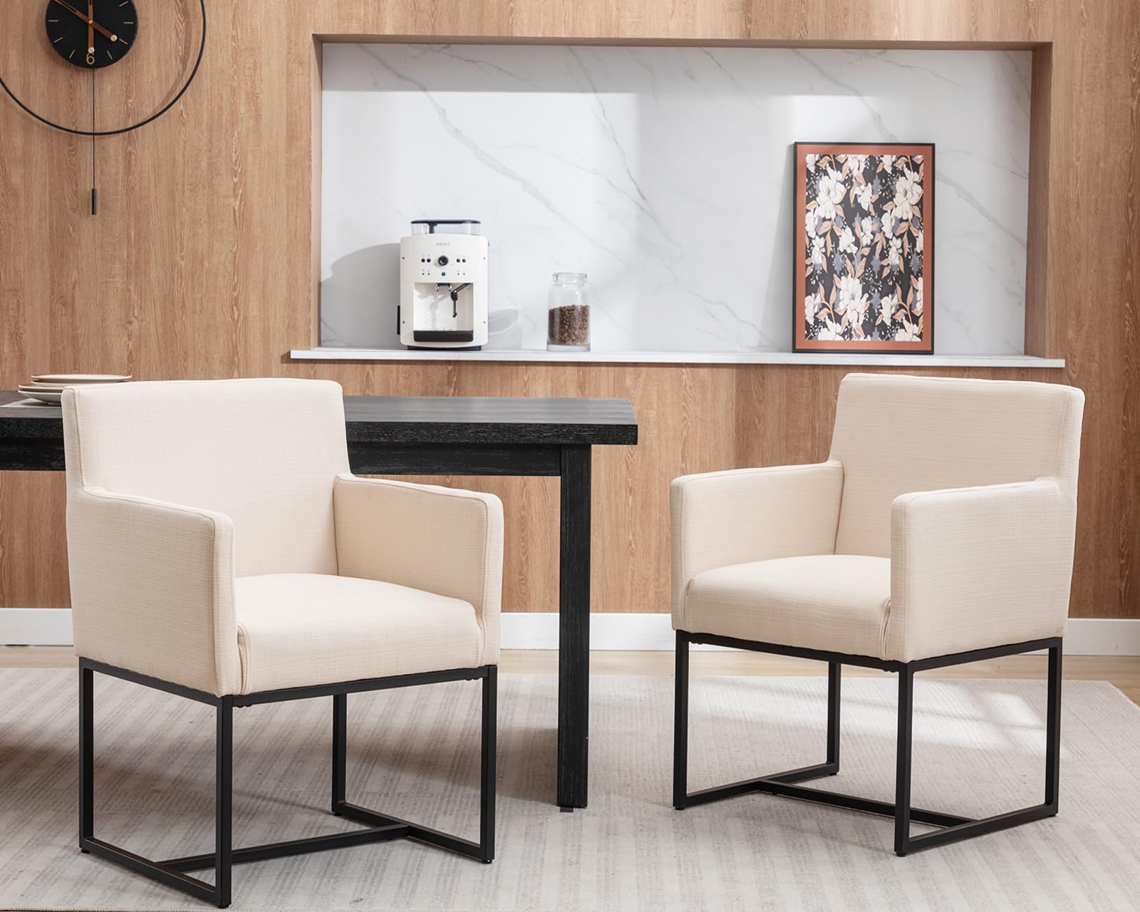HNY Mid Century Modern Upholstered Dining Chairs with Arms Set of 2, Linen Accent Black Finish Metal Frame, 19'' Wide Arm for Living Room Kitchen Bedroom, Cream, Cream-linen-black Frame