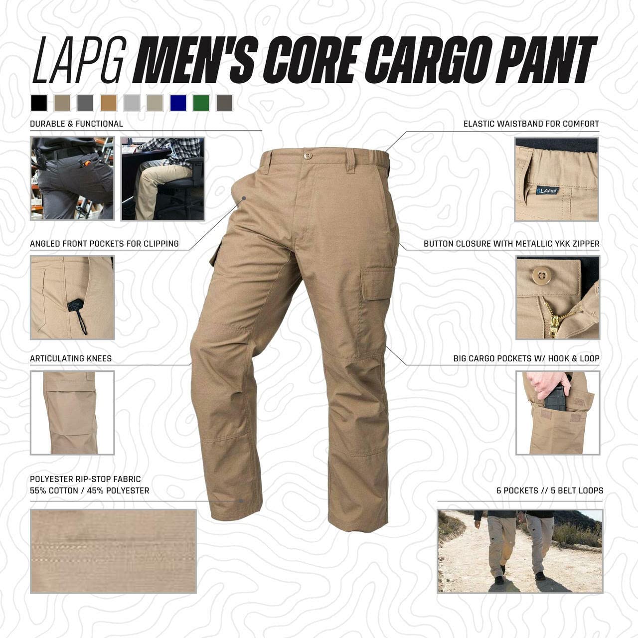 LAPG Men's Core Cargo Tactical Pants, Stretch Waistband, Lightweight & Durable Ripstop CCW Cargo Pants for Men, Charcoal, Size 36 x 34