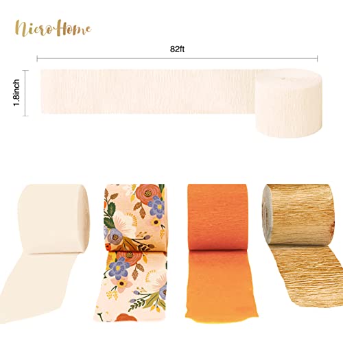 NICROHOME Wedding Party Decorations, 8 Rolls Retro Orange Flower Pattern Crepe Paper Streamers for a Boho/Floral Theme, Rustic Wedding, Engagement, Bridal Shower, Baby Showers, Birthday