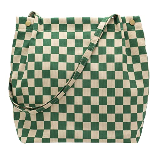 PAZIMIIK Corduroy Tote Bags for Women Reusable Grocery Shopping Shoulder Go-to Everyday Bag with Canvas Lining for Work Travel,Checkered Green