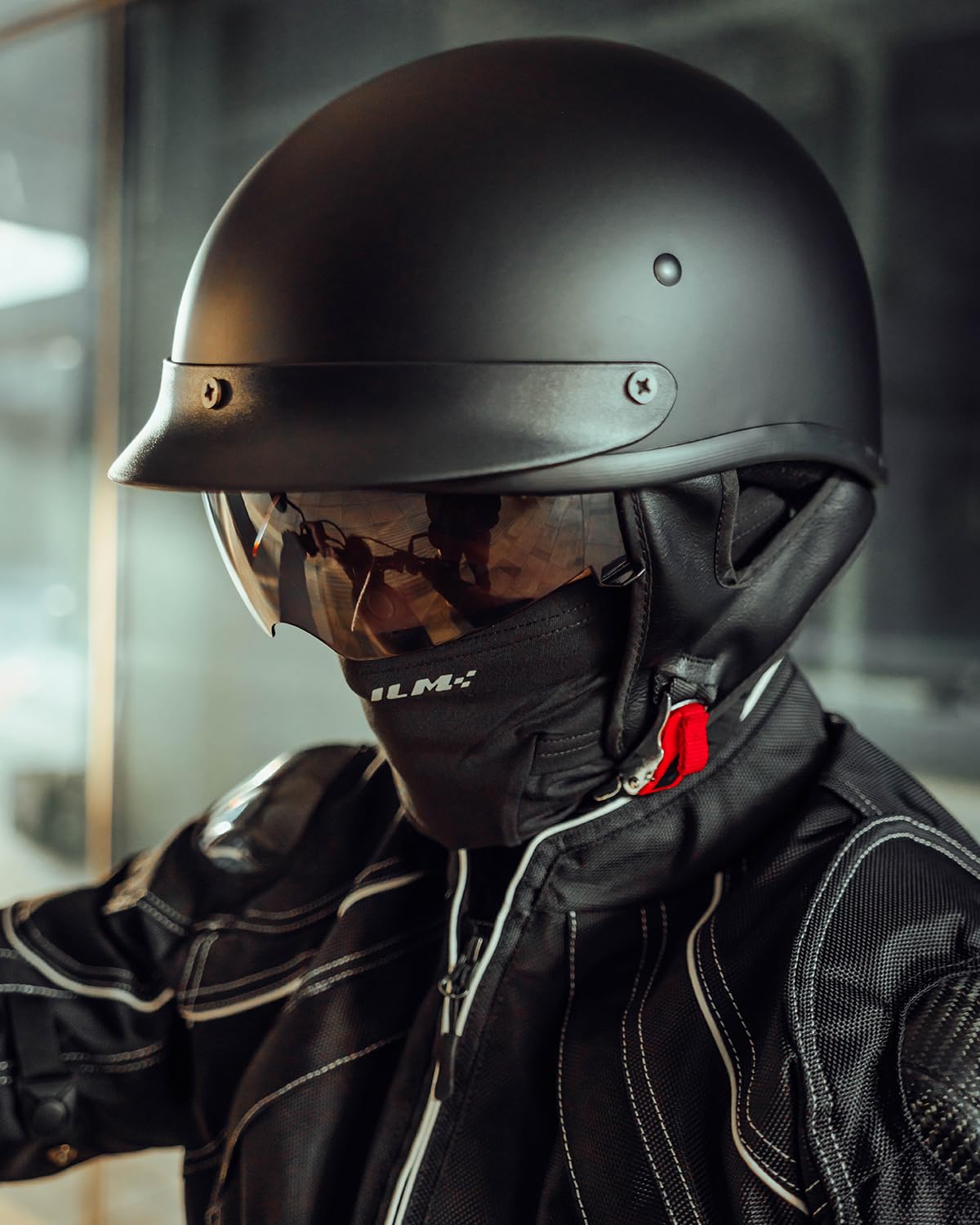 ILM Half Helmet Motorcycle Open Face Sun Visor Quick Release Buckle DOT Approved Cycling Motocross Suits Men Women Model-205V (L, Matt Black)