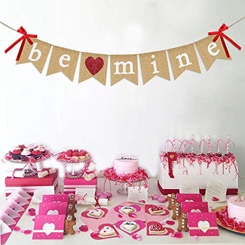 Be Mine Burlap Banner | Valentine's Day Decorations | Valentines Banner with Glitter Heart Sign | Be Mine Bunting Banner | Valentines Day Indoor Outdoor Home Office Hanging Decor
