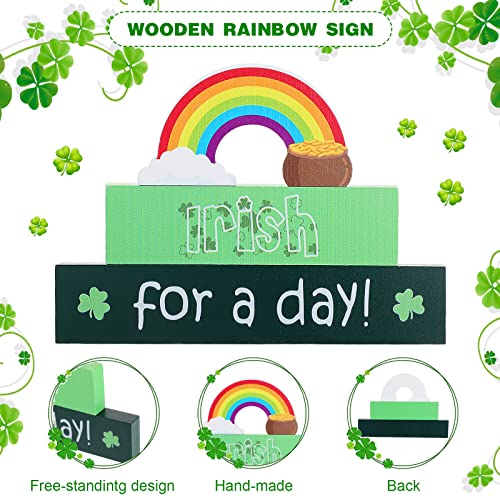 3 Pieces St Patricks Day Table Wood Signs, Rainbow Shamrock Table Top Decor Irish Lucky Wood Block St Patricks Day Wooden Sign Centerpiece for Home Fireplace Office Shelf
