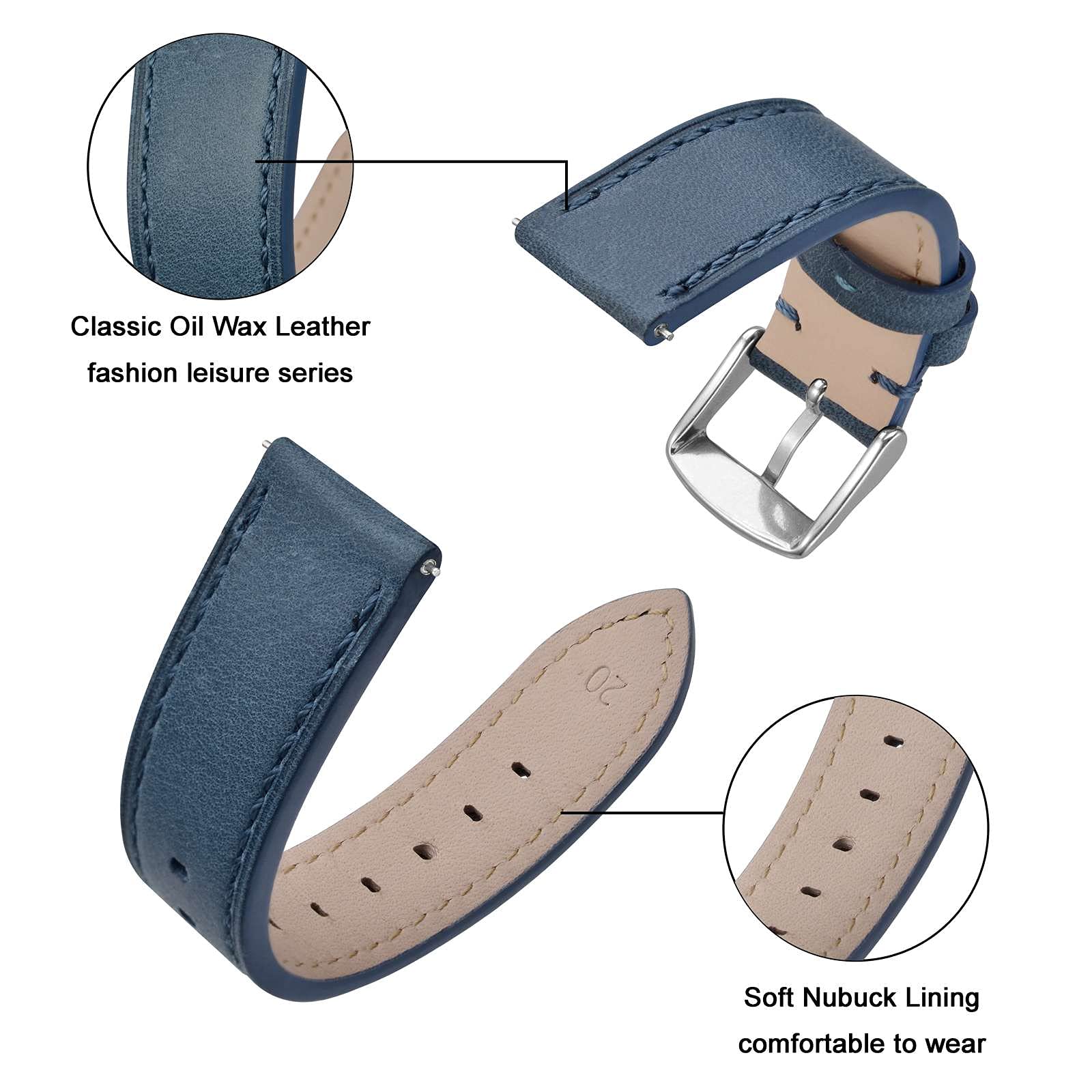 ANNEFIT Watch Band 17mm with Stainless Silver Buckle - Classic Oil Wax Leather Quick Release Watch Strap (Blue)