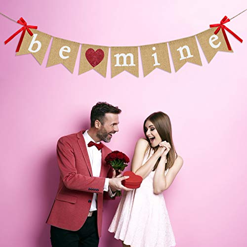 Be Mine Burlap Banner | Valentine's Day Decorations | Valentines Banner with Glitter Heart Sign | Be Mine Bunting Banner | Valentines Day Indoor Outdoor Home Office Hanging Decor