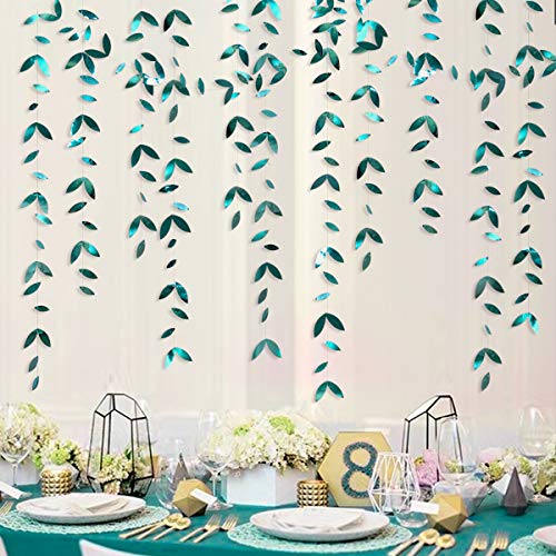 52 Ft Hunter Green Leaf Garland Emerald Turquoise Dark Green Paper Hanging Leaves Streamer Teal Aqua Green Banner for Anniversary Wedding Bridal Shower Engagement Spring Summer Party Decorations