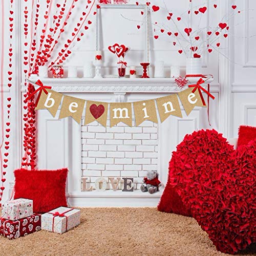 Be Mine Burlap Banner | Valentine's Day Decorations | Valentines Banner with Glitter Heart Sign | Be Mine Bunting Banner | Valentines Day Indoor Outdoor Home Office Hanging Decor