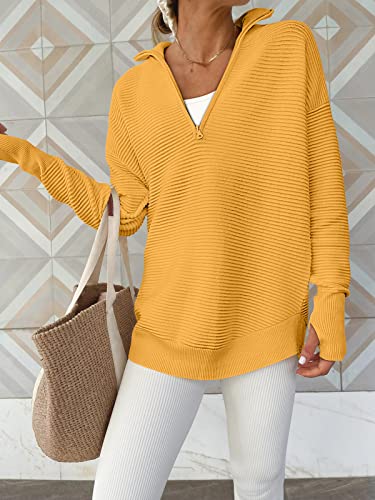 ANRABESS Women's 2025 Fall Long Sleeve Half Zip Casual Oversized Ribbed Knit Pullover Sweater Top Thumb Hole Trendy Outfits Yellow X-Large