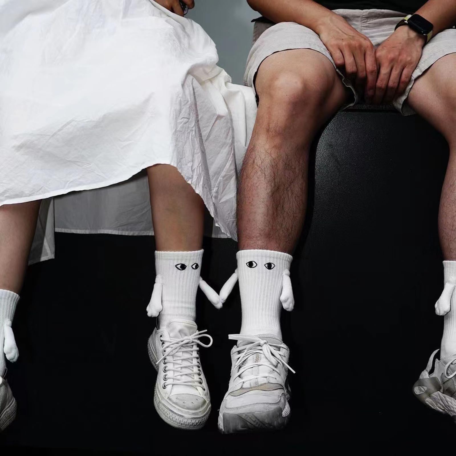 Holding Hands Socks,Funny Couple Magnetic Hand in Hand Mid Tube Socks,Novelty 3D Doll Socks Cute (A-2 Pairs White)