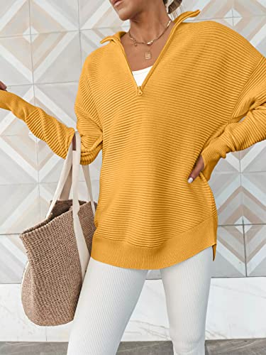 ANRABESS Women's 2025 Fall Long Sleeve Half Zip Casual Oversized Ribbed Knit Pullover Sweater Top Thumb Hole Trendy Outfits Yellow X-Large