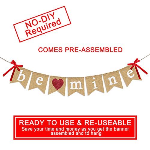 Be Mine Burlap Banner | Valentine's Day Decorations | Valentines Banner with Glitter Heart Sign | Be Mine Bunting Banner | Valentines Day Indoor Outdoor Home Office Hanging Decor