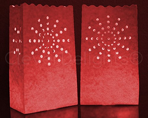 CleverDelights Red Luminary Bags - 50 Count - Sunburst Design - Wedding Party Christmas Holiday Luminaria