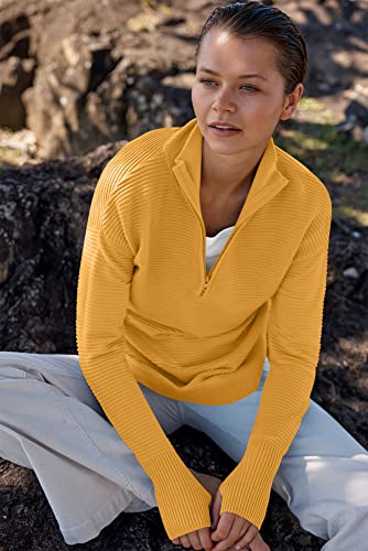 ANRABESS Women's 2025 Fall Long Sleeve Half Zip Casual Oversized Ribbed Knit Pullover Sweater Top Thumb Hole Trendy Outfits Yellow X-Large