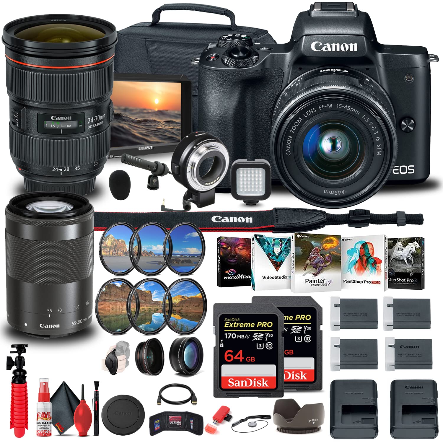 Canon EOS M50 Mirrorless Digital Camera with 15-45mm and 55-200mm Lenses (Black) (2680C021) + 4K Monitor + Pro Mic + 2 x 64GB Memory Card + Color Filter Kit + Case + Filter Kit + More (Renewed)
