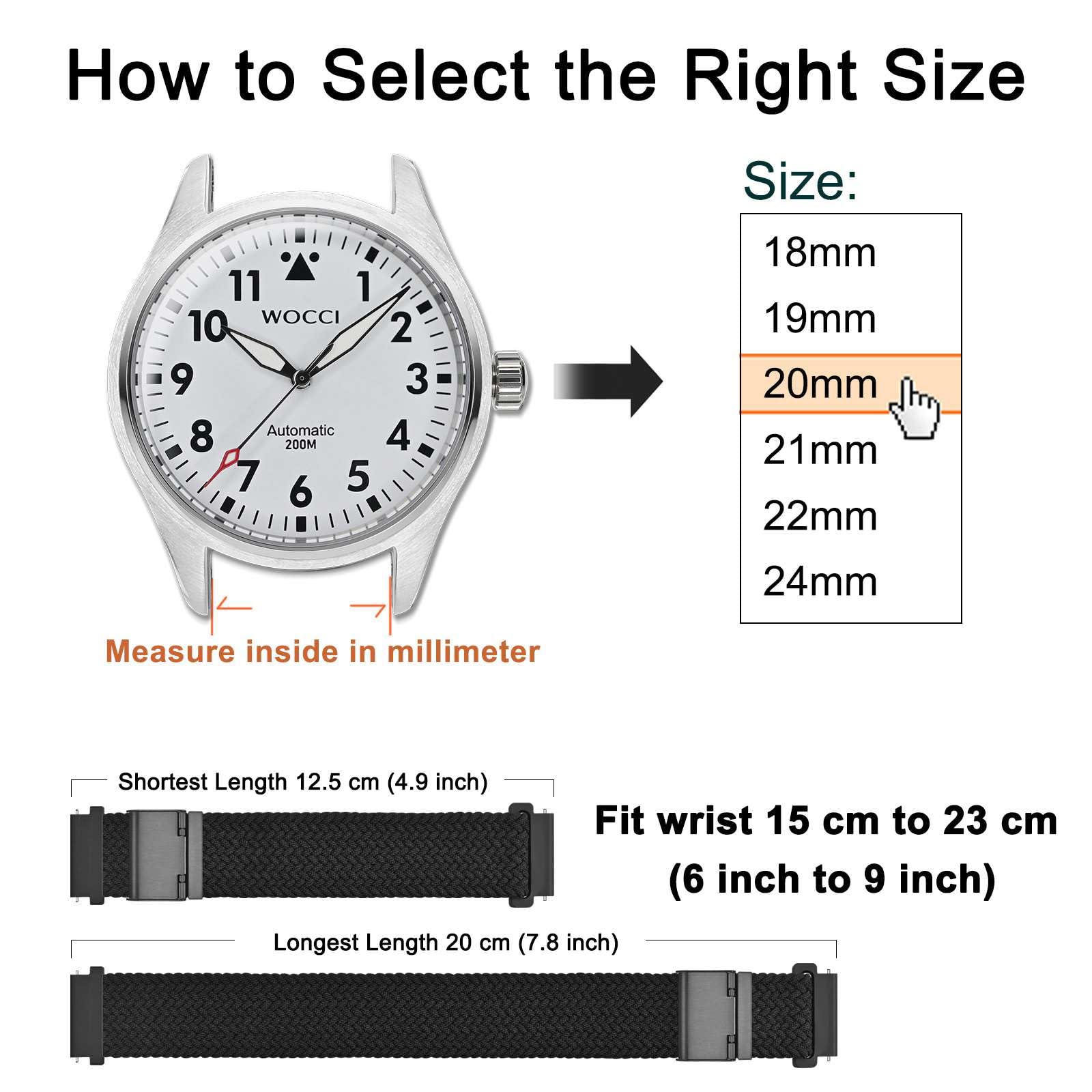 WOCCI 18mm Braided Nylon Watch Band for Men and Women, Quick Release, Black Stainless Steel Buckle (Black)