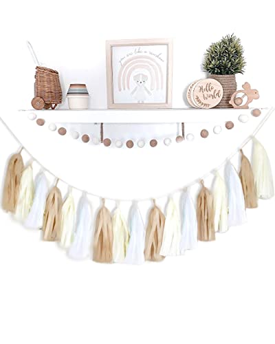 15PCS DIY Tissue Tassel Garland Kit Kraft Tan Brown Cream White Party Streamers Bunting Banner Backdrop for Rustic Baby Shower Burlap Outdoor Wedding Bridal Shower Nursery Decorations