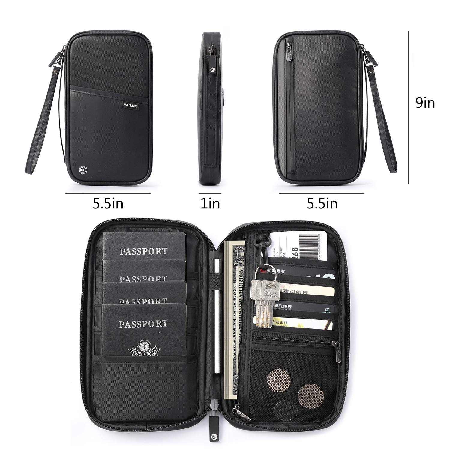 VanFn RFID Travel Passport Wallet, Family Passport Holder, Trip Document Organizer P.Travel Series (Nylon - Black)