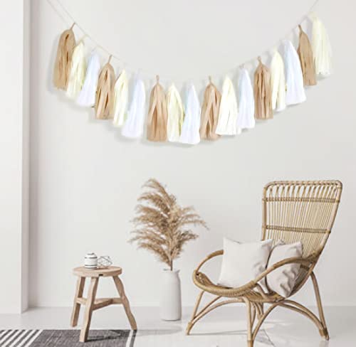 15PCS DIY Tissue Tassel Garland Kit Kraft Tan Brown Cream White Party Streamers Bunting Banner Backdrop for Rustic Baby Shower Burlap Outdoor Wedding Bridal Shower Nursery Decorations