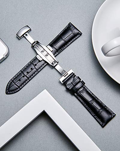 BINLUN Leather Watch Strap Quick Release Strap with Silver Butterfly Deployment Buckle 12mm 13mm 14mm 16mm 17mm 18mm 19mm 20mm 21mm 22mm 23mm 24mm Watch Band for Men Women (Black,20mm)