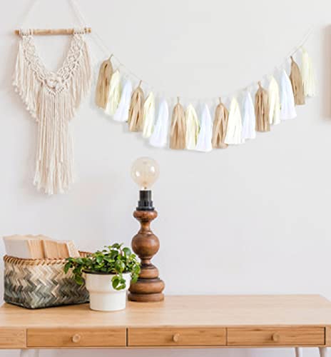 15PCS DIY Tissue Tassel Garland Kit Kraft Tan Brown Cream White Party Streamers Bunting Banner Backdrop for Rustic Baby Shower Burlap Outdoor Wedding Bridal Shower Nursery Decorations