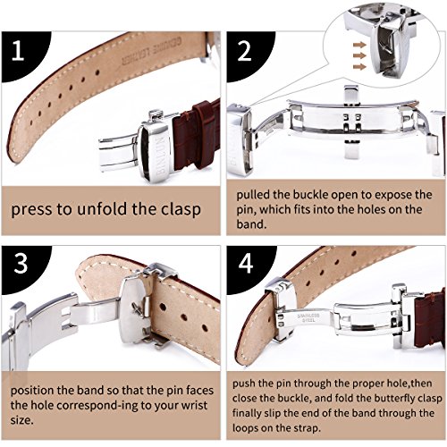 BINLUN Leather Watch Strap Quick Release Strap with Silver Butterfly Deployment Buckle 12mm 13mm 14mm 16mm 17mm 18mm 19mm 20mm 21mm 22mm 23mm 24mm Watch Band for Men Women (Black,20mm)