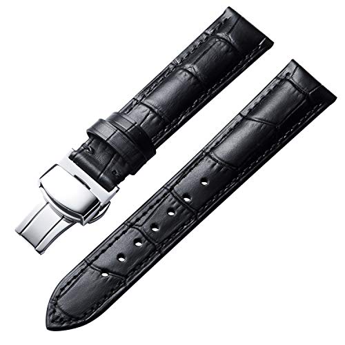 BINLUN Leather Watch Strap Quick Release Strap with Silver Butterfly Deployment Buckle 12mm 13mm 14mm 16mm 17mm 18mm 19mm 20mm 21mm 22mm 23mm 24mm Watch Band for Men Women (Black,20mm)