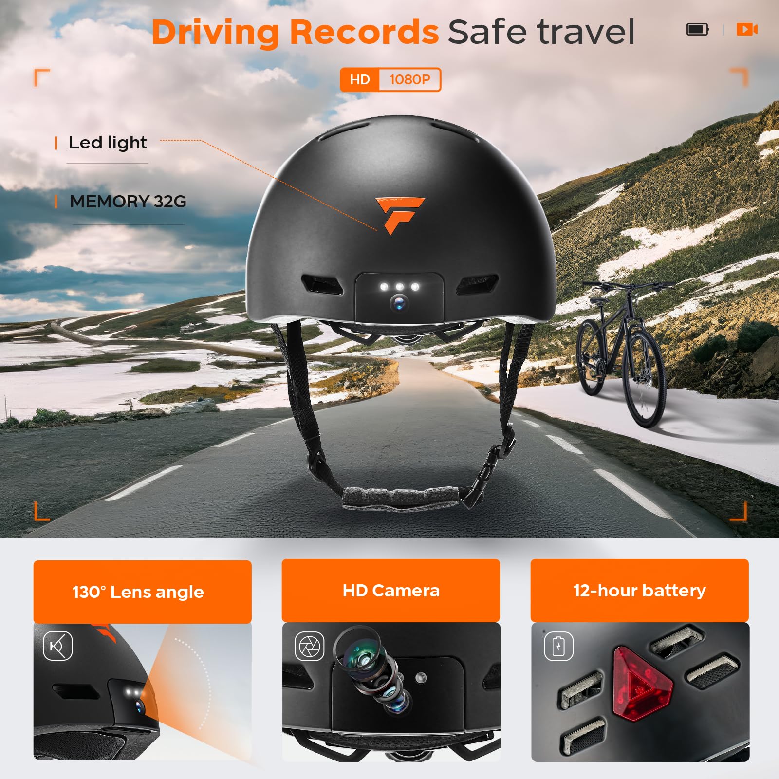 Smart Bike Helmet for Adult, Helmet with Camera(32GB TF Card Included), Helmet Video Recorder with Security Lights for Safe Riding，Motorcycle Helmet，tachograph