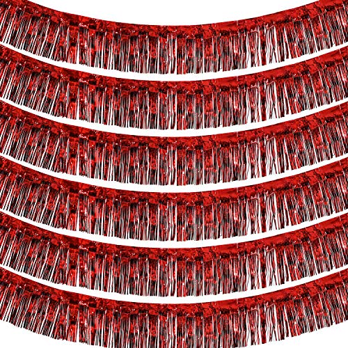 Blukey 10 Feet by 15 Inch Red Foil Fringe Garland - Pack of 6 | Shiny Metallic Tinsel Banner | Ideal for Parade Floats, Bridal Shower, Bachelorette, Wedding, Birthday, Christmas | Wall Hanging Drapes