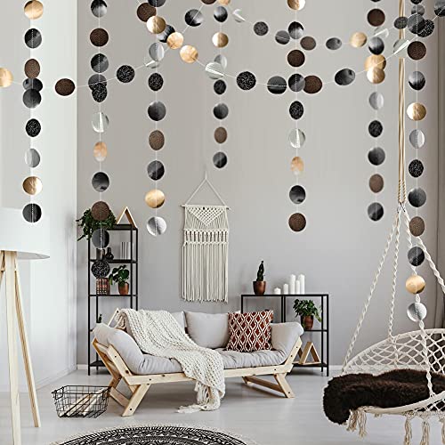 Glitter Black Silver Champagne Gold Circle Garlands for Birthday Party Decorations Hanging Garlands Streamer Banner Backdrop for Bday Wedding Bachelorette Baby Shower New Year Graduation