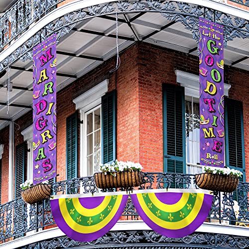 Mardi Gras Decor, Mardi Gras Backdrop Banner, Mardi Gras Porch Signs Hanging Banner, Carnival Fleur De Lis Fan Bunting Flag, Mardi Gras Outdoor Hanging Decorations for Masquerade Parade Float Party