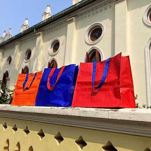 Little Fire Craft Reusable Grocery Bag Woven Plastic Shopping Bags Gift Bag Heavy Duty Moving Bag Lightweight Durable Foldable 3 Pack Orange