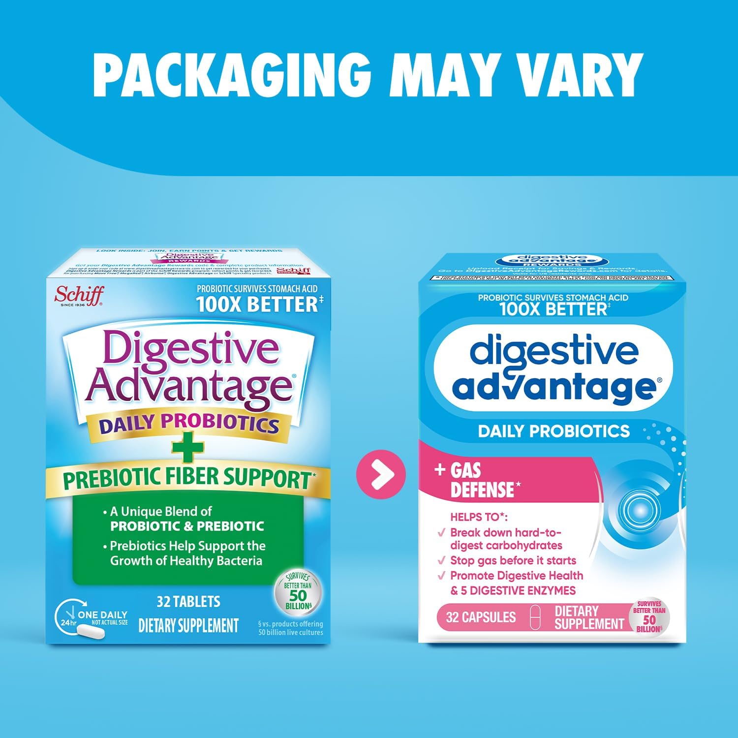 Digestive Advantage Fast Acting Enzymes + Daily Probiotic Prevent Gas & Break Down Food Particles 32 Count Capsules (2 Pack)
