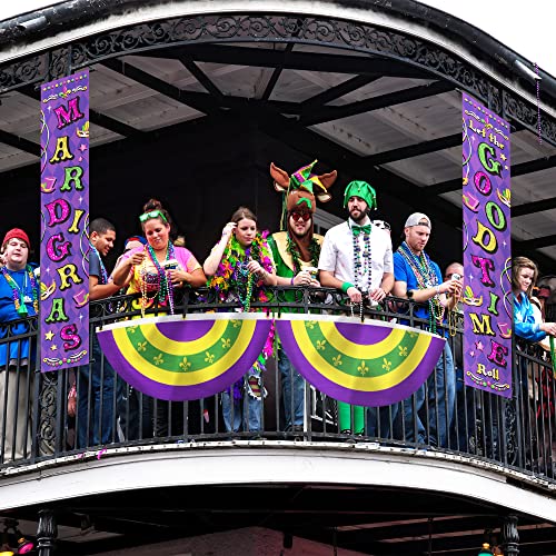 Mardi Gras Decor, Mardi Gras Backdrop Banner, Mardi Gras Porch Signs Hanging Banner, Carnival Fleur De Lis Fan Bunting Flag, Mardi Gras Outdoor Hanging Decorations for Masquerade Parade Float Party