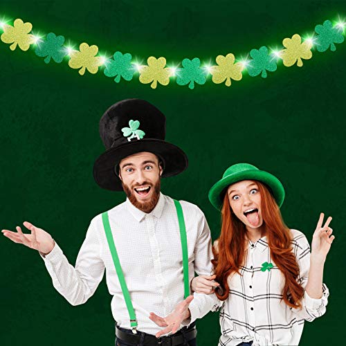 St. Patrick's Day Decorations Glitter Shamrock Garland Banner with 8 Modes Green String Lights Four Leaf Clover Garland for Irish Saint Patrick’s Day Party