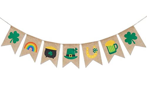AnyDesign St. Patrick's Day Burlap Banner Shamrock Clover Rainbow Hanging Banner Rustic Pre-Assembled Irish Holiday Bunting Garland for Party Home Office Mantel Fireplace Wall Decoration