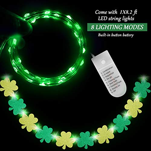 St. Patrick's Day Decorations Glitter Shamrock Garland Banner with 8 Modes Green String Lights Four Leaf Clover Garland for Irish Saint Patrick’s Day Party