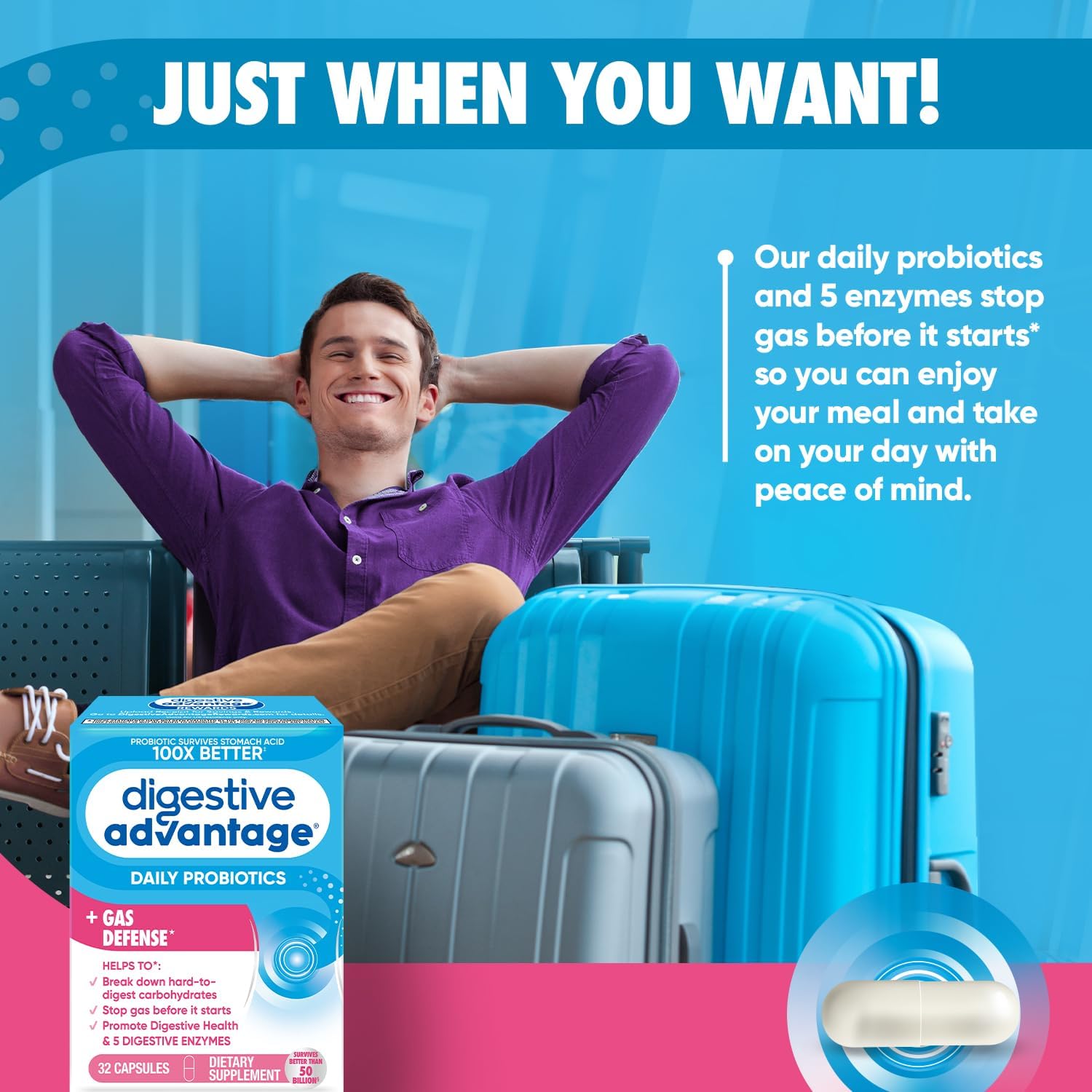Digestive Advantage Fast Acting Enzymes + Daily Probiotic Prevent Gas & Break Down Food Particles 32 Count Capsules (2 Pack)