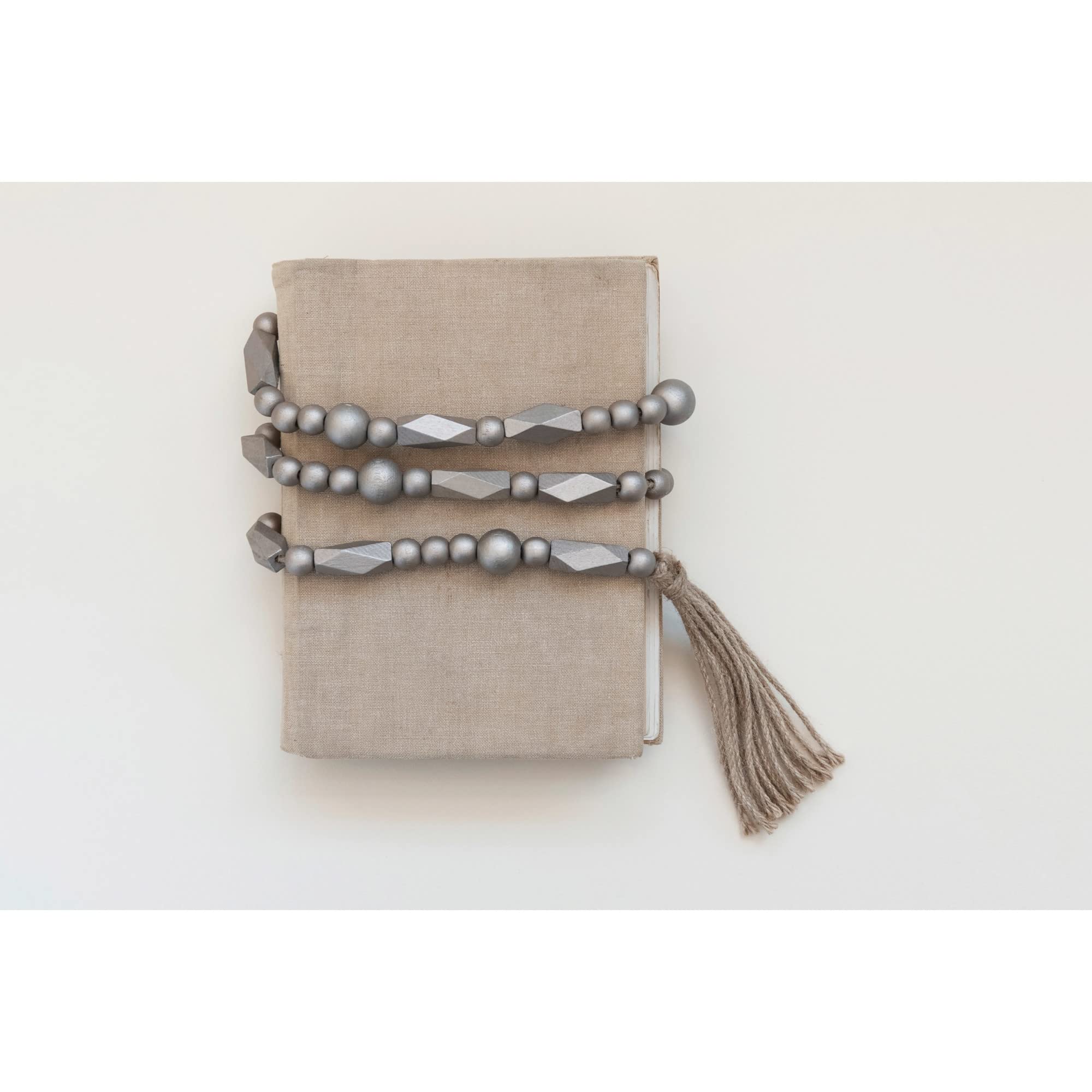 Creative Co-Op Paulownia Wood Bead Garland with Jute Tassel, Pewter