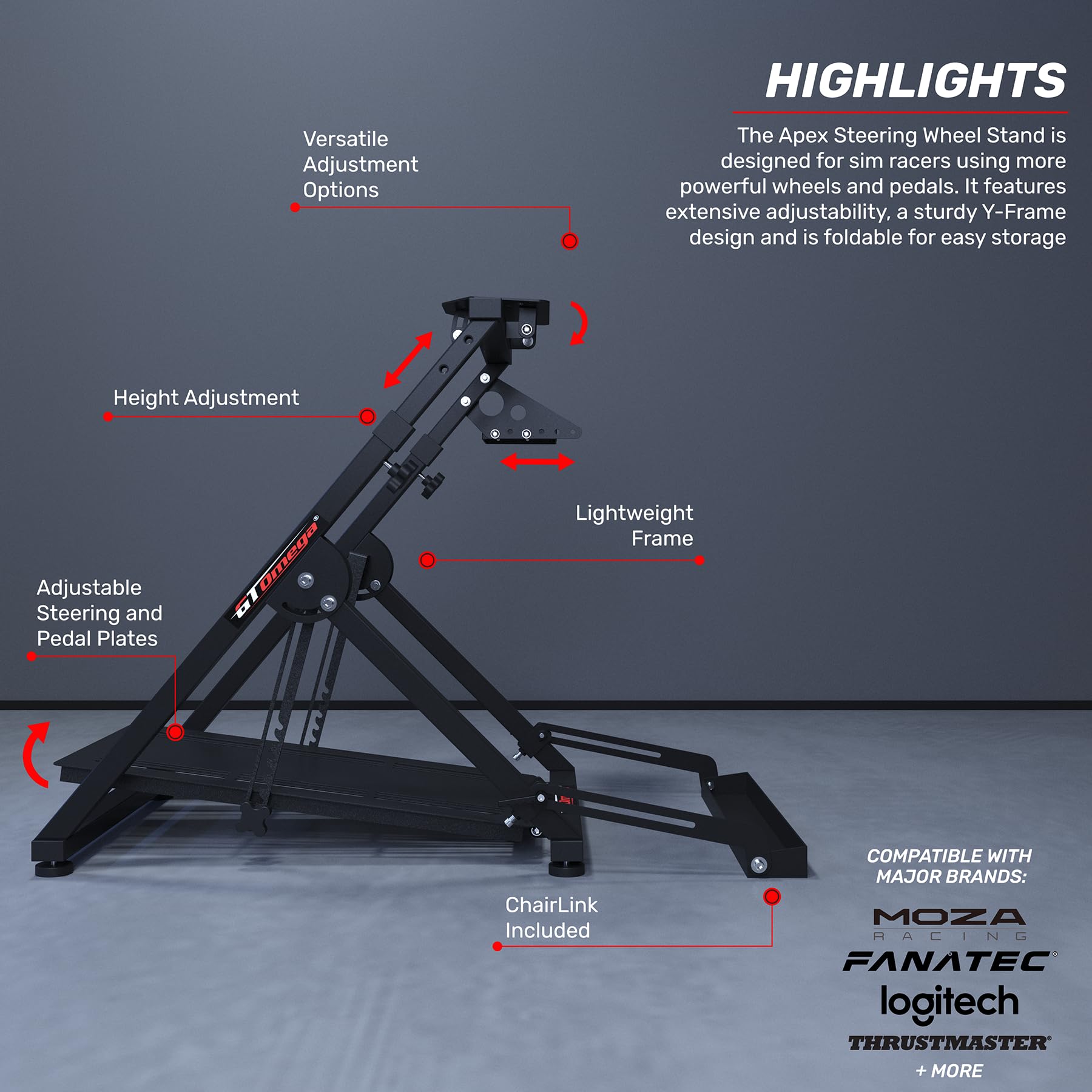 GT OMEGA Apex Racing Wheel Stand for Logitech Fanatec Clubsport Thrustmaster Gaming Steering Wheel Pedal & Shifter Mount, TX T500 T300 G29 G920 PS4 Xbox Foldable Tilt-Adjustable for Racing Control