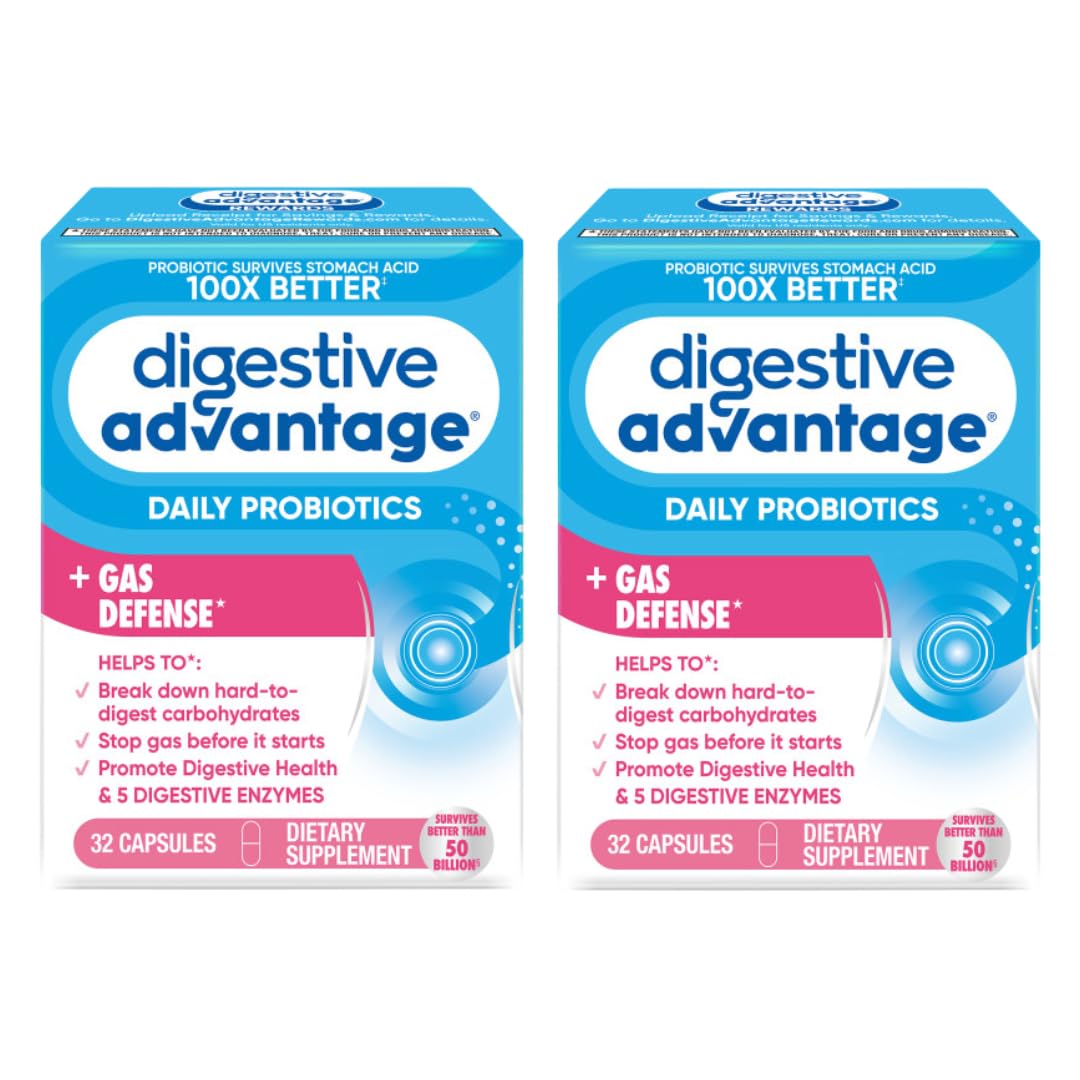 Digestive Advantage Fast Acting Enzymes + Daily Probiotic Prevent Gas & Break Down Food Particles 32 Count Capsules (2 Pack)