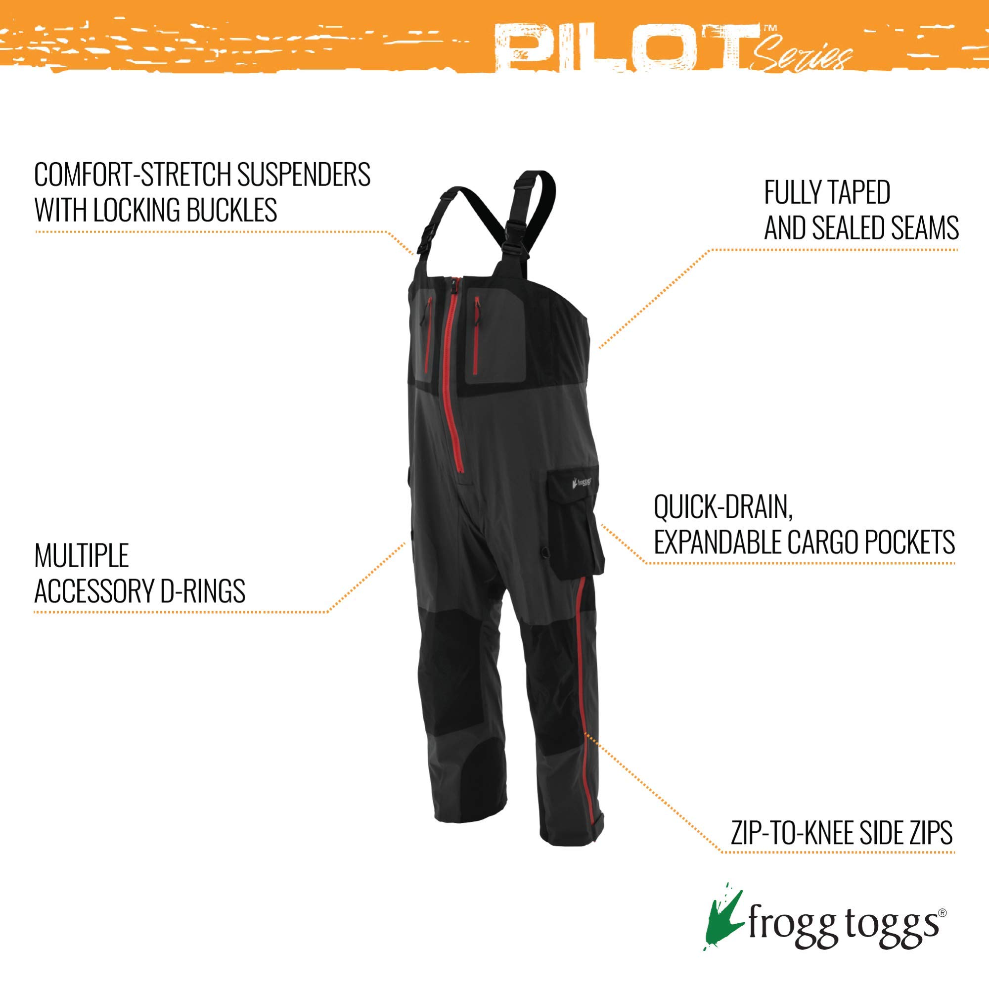 FROGG TOGGS Men's Pilot II Guide Waterproof Breathable Rain Bib, X-Large, Black/Charcoal