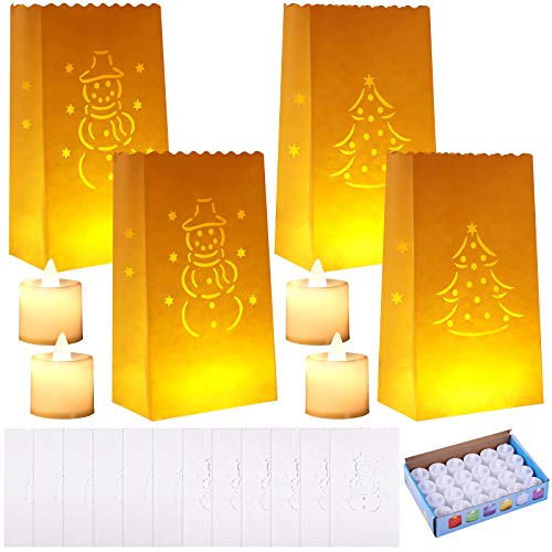 URATOT 36 Pieces Luminary Bags Kit, 24 LED Tea Lights with 12 Luminaries Bags Flameless Candles Flame Resistant Paper Lantern Bags with Tree, Snowman Designs for Christmas, Party, Outdoor Decoration
